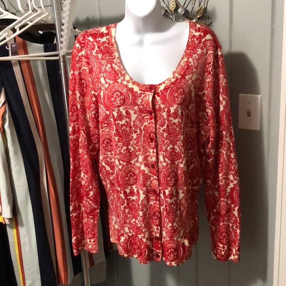 Talbots | Sweaters | Talbots Red Print Cardigan 0 Merino Wool Sz Xl ...